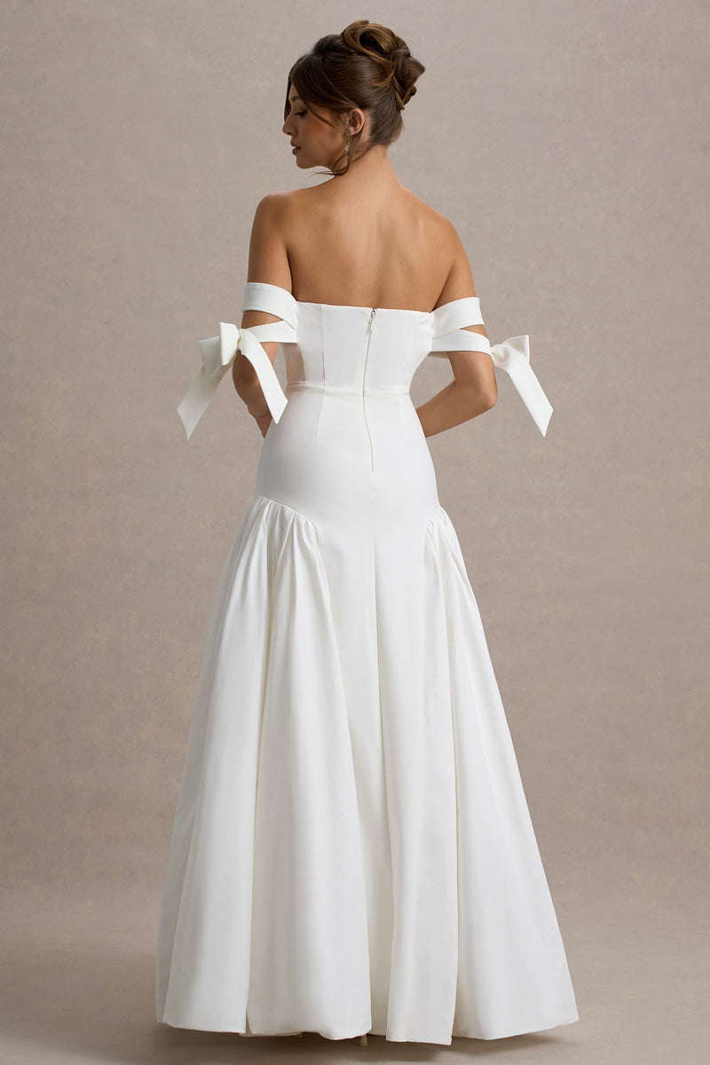 Ethel White & Cream Bardot Maxi Dress With Volume Skirt – Club L London ...