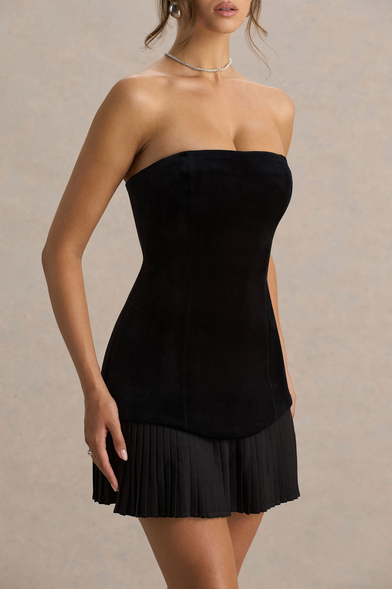 Valentina Black Velvet Bandeau Mini Dress With Pleated Detailing – Club ...