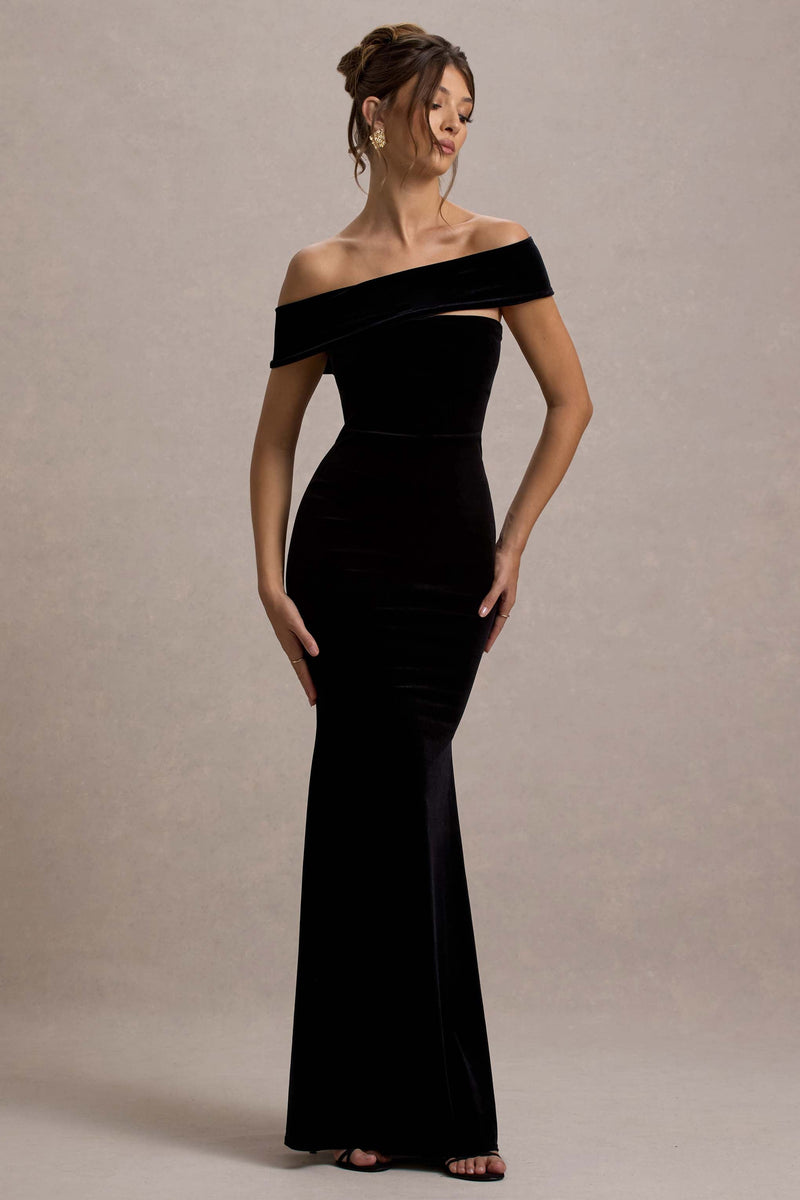 Candela Black Velvet Asymmetric Bardot Maxi Dress – Club L London - USA