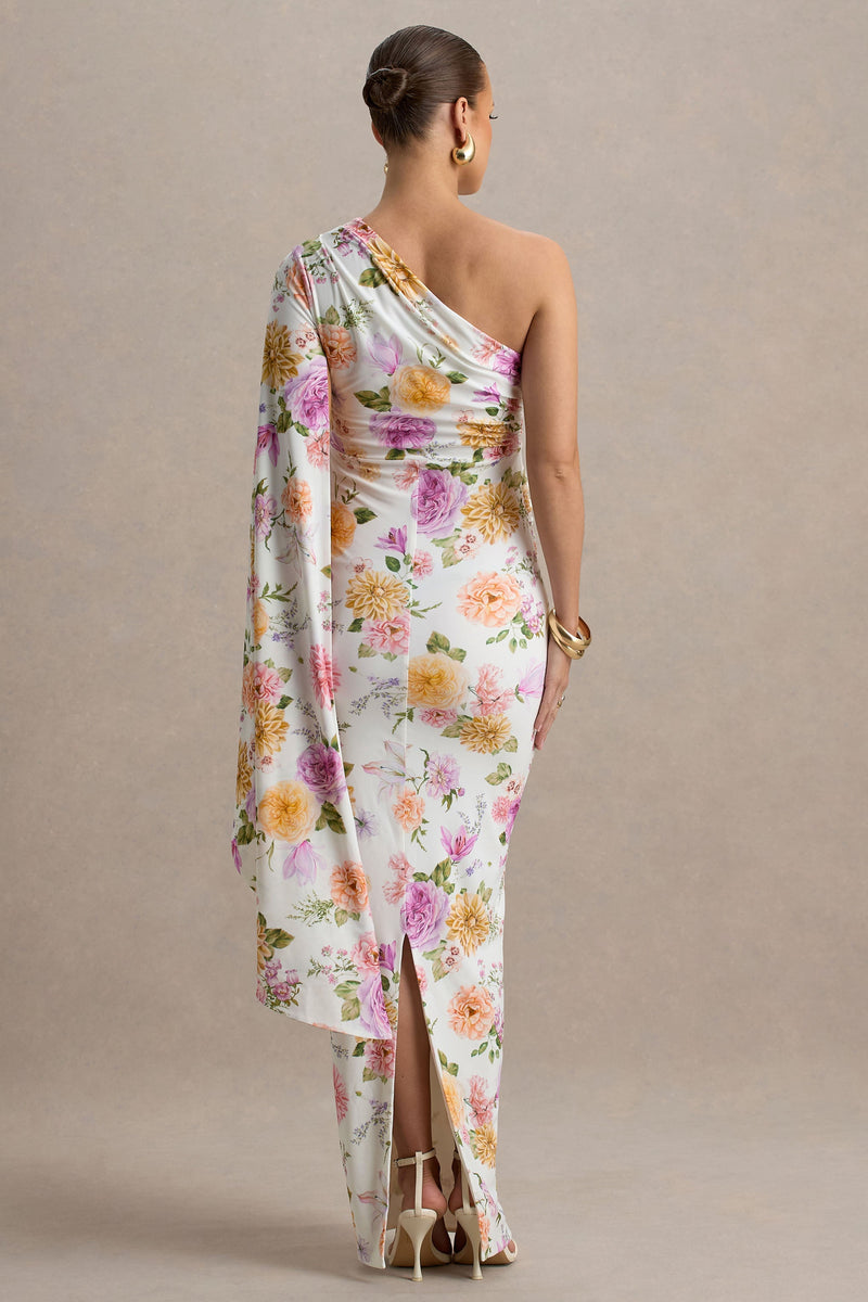 Aliana Peach And Lilac Floral Print Asymmetric Maternity Maxi Dress ...