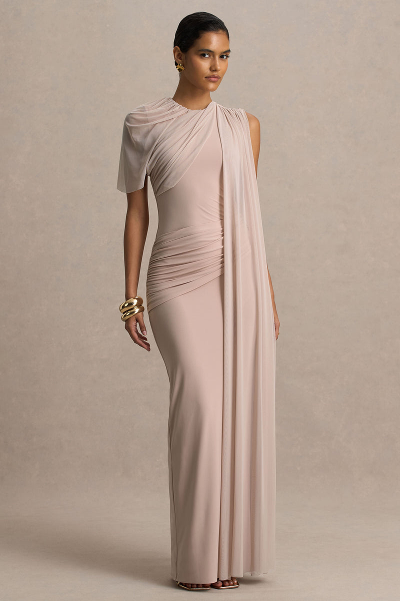 Brenda Champagne Crew-Neck Maxi Dress With Mesh Cape And Sash – Club L ...