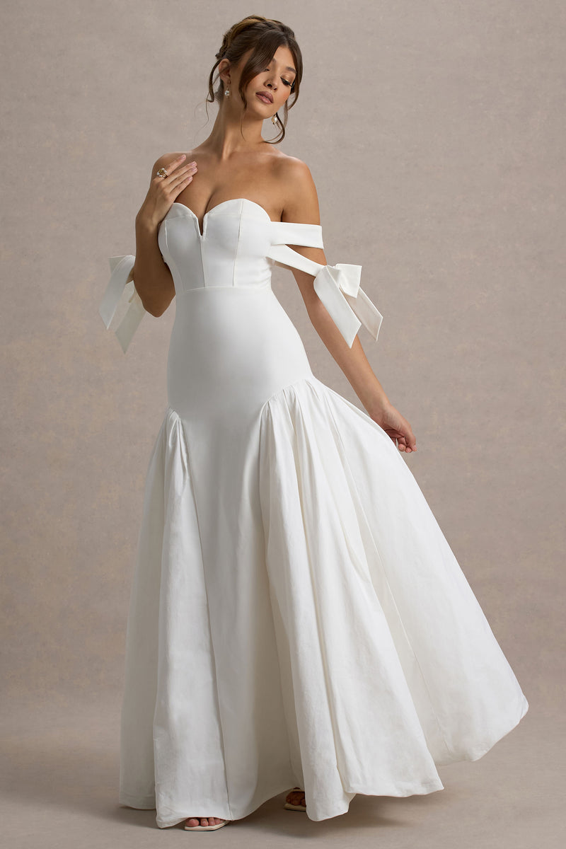 Ethel White & Cream Bardot Maxi Dress With Volume Skirt – Club L London ...