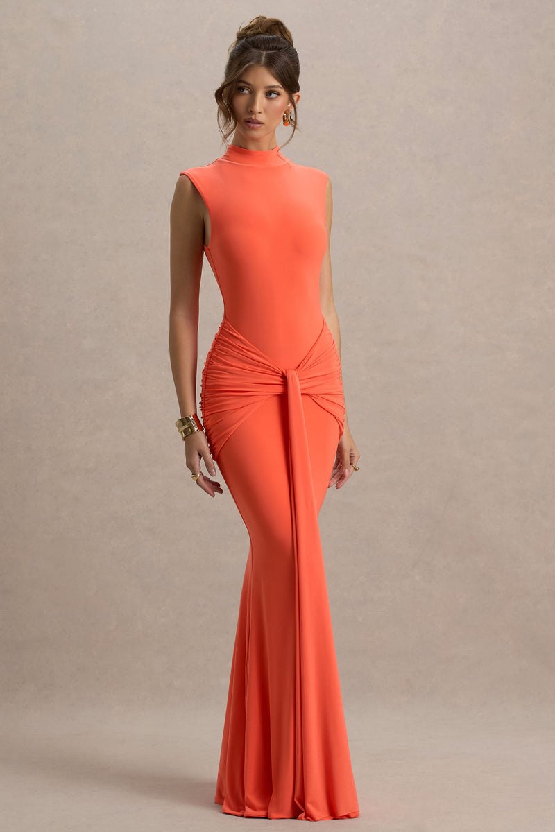 Graziana Coral High-Neck Gathered Draped Maxi Dress – Club L London - USA