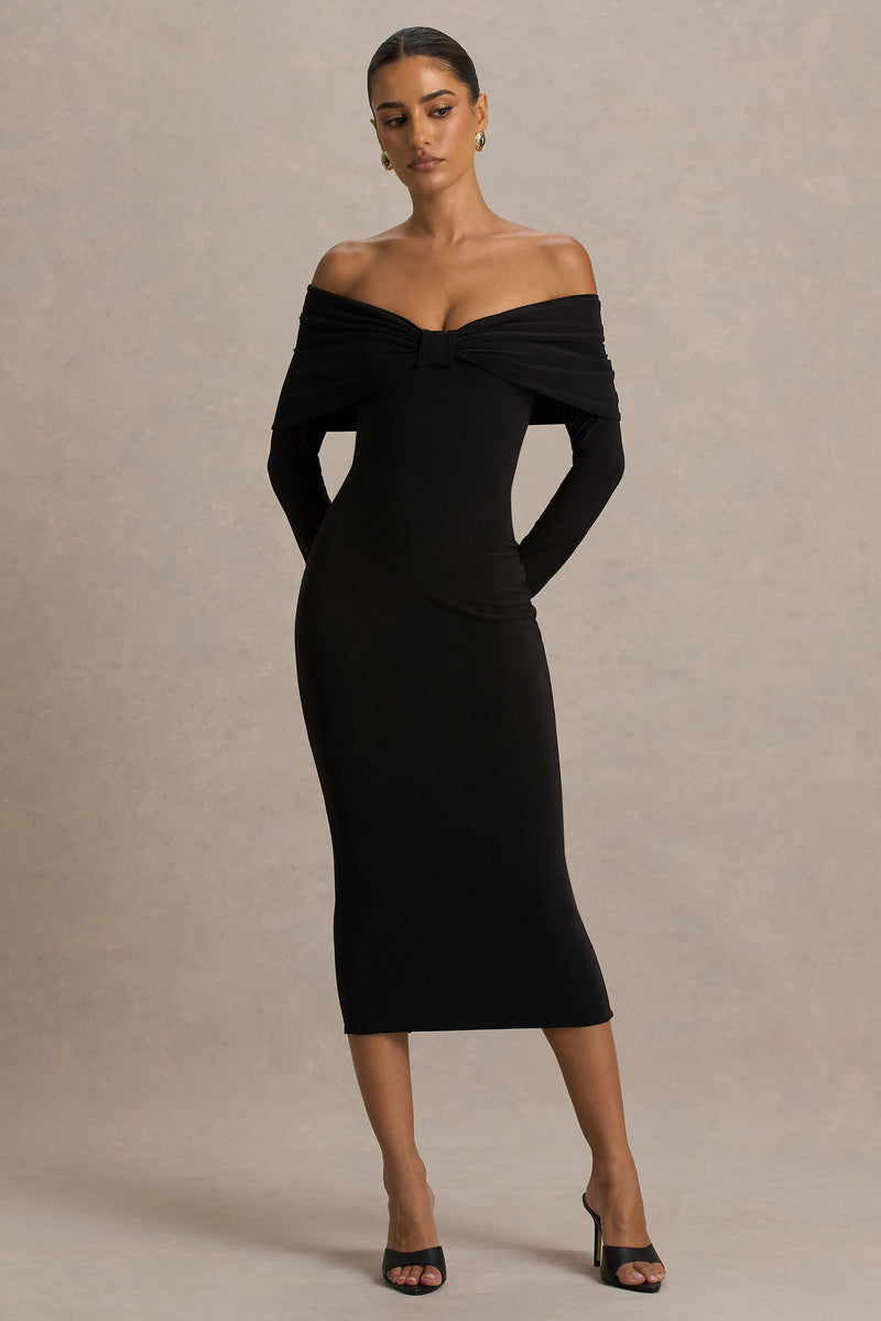 Spark Black Bardot-Neck Midi Dress With Bow Detail – Club L London - USA