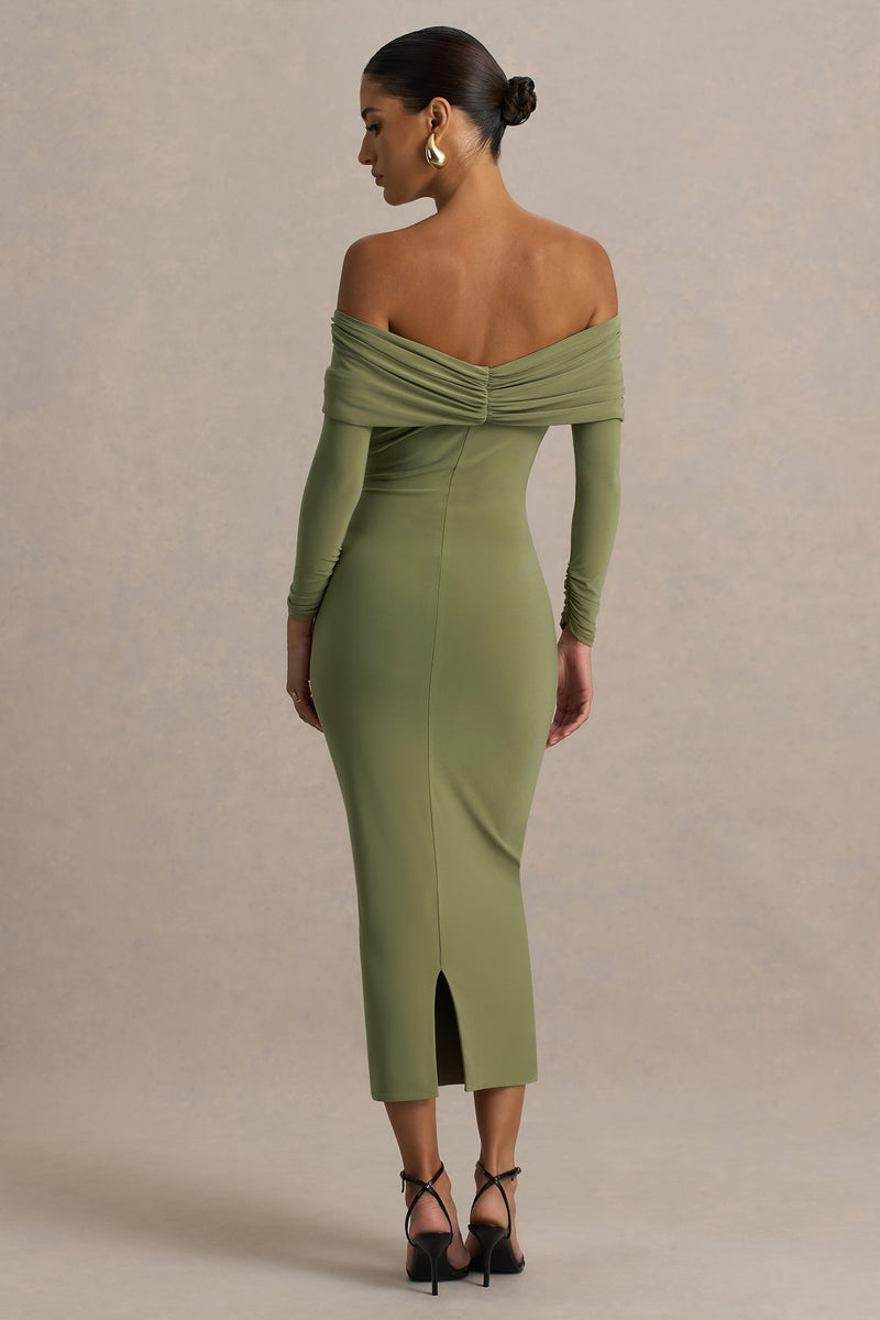 Spark Olive Bardot-Neck Midi Dress With Bow Detail – Club L London - USA