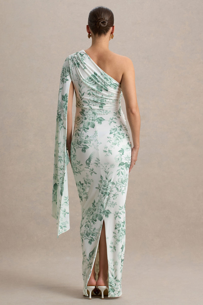 Aliana Green Porcelain Print Asymmetric Maternity Maxi Dress With Ru ...