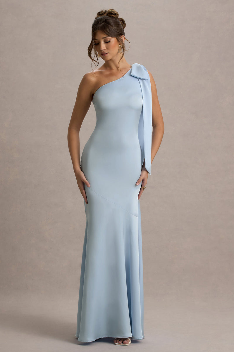 Here For Love Powder Blue Satin Asymmetric Maxi Dress With Bow – Club L ...