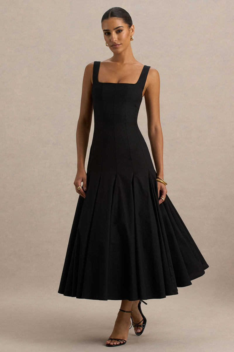 Magnolia Black Scoop-Neck Midi Dress With Drop-Waist And Ruffling De ...