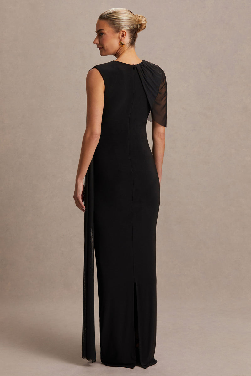 Amelise Black High-Neck Maternity Maxi Dress With Mesh-Cape Sleeve A ...