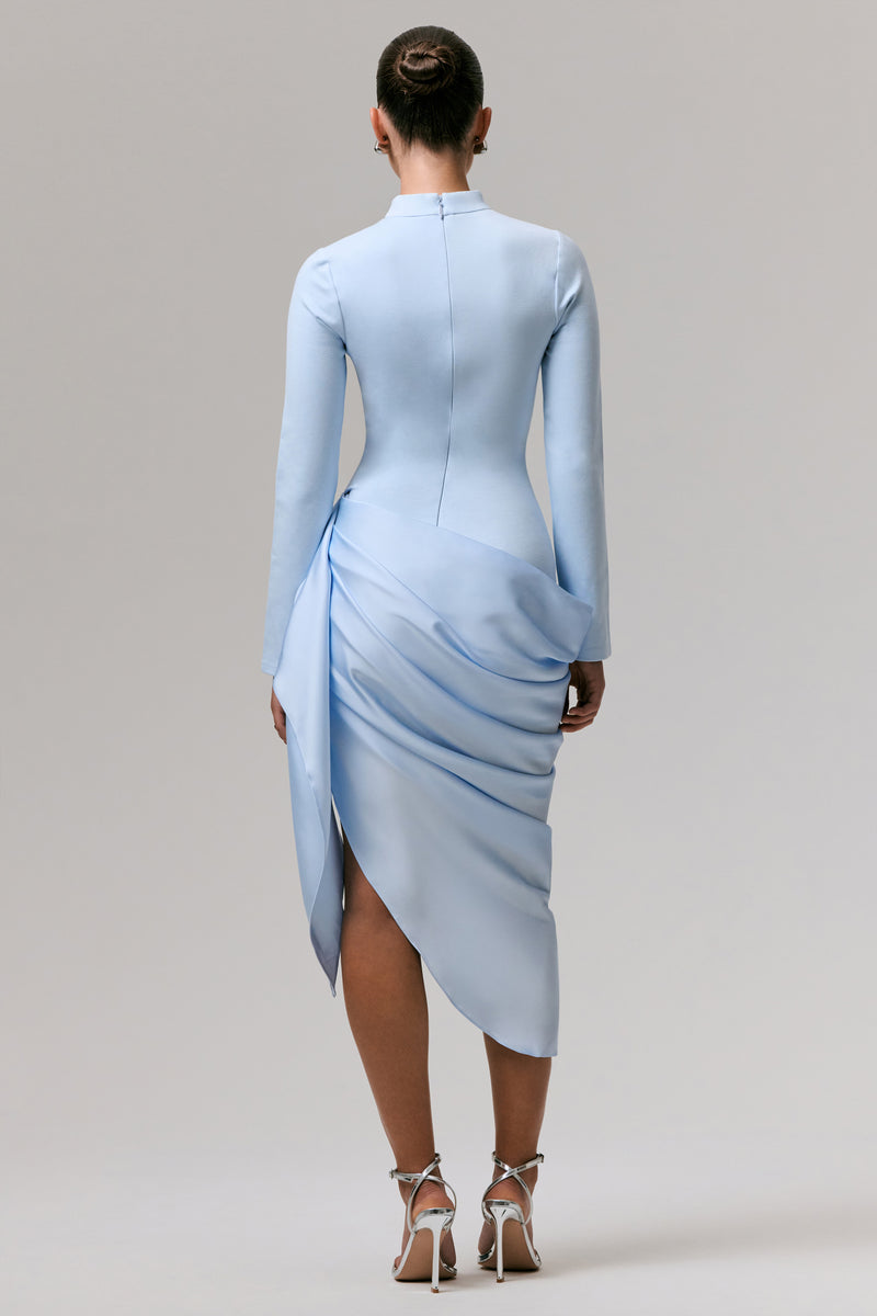 Raffie Powder Blue Long-Sleeve Midi Dress With Satin Wrap Skirt – Club ...