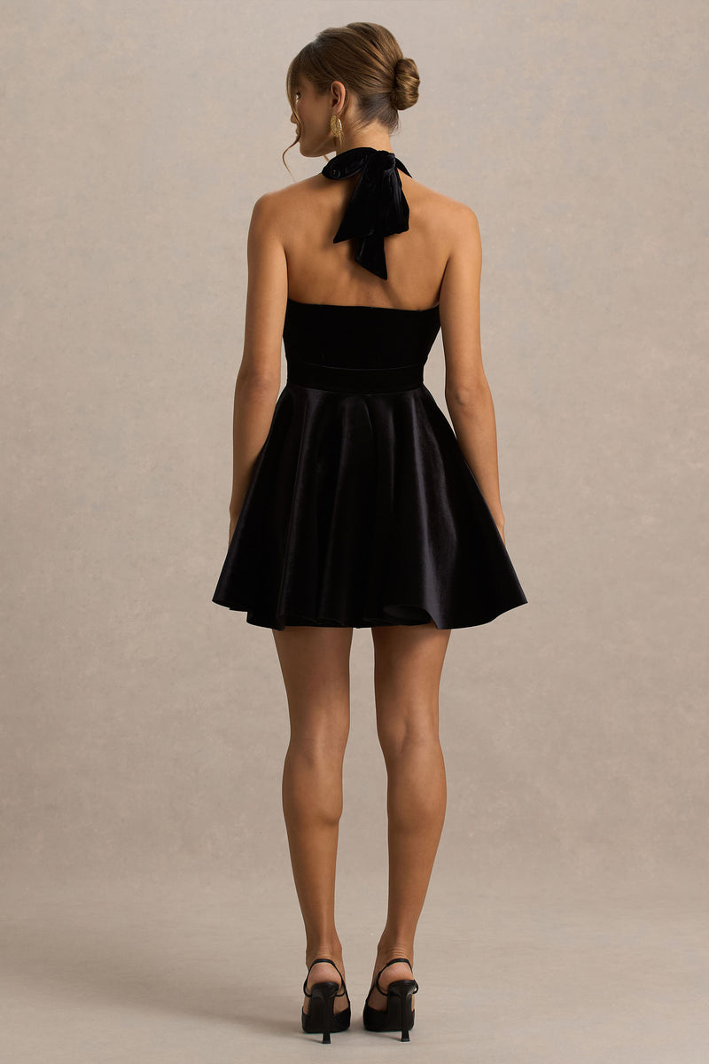 Mirage Black Velvet Halter-Neck Mini Dress With Skater-Skirt – Club L ...