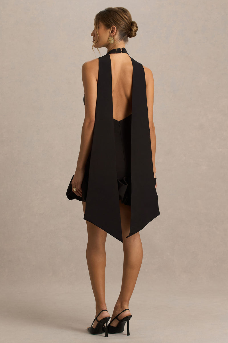 Geneve Black Halter-Neck Mini Dress With Ruffled Trim – Club L London - USA