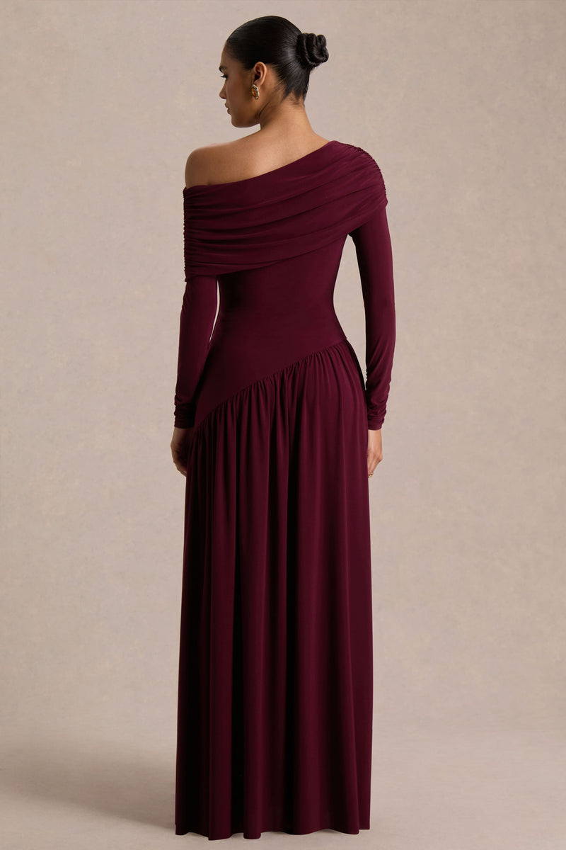 Farah Burgundy Asymmetric-Neck Maxi Dress With Drop Waist And Ruched ...