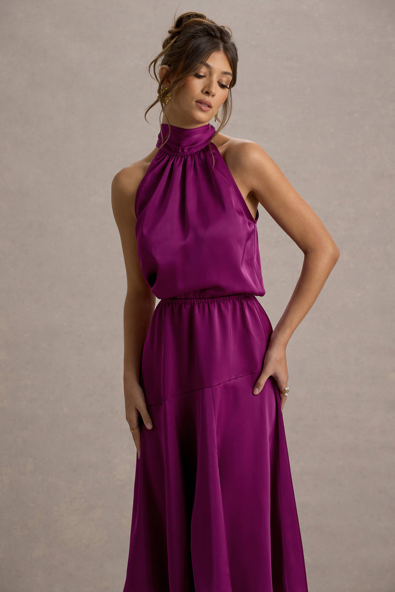 Palonia Dark Pink Satin High-Neck Split Midi Dress – Club L London - USA