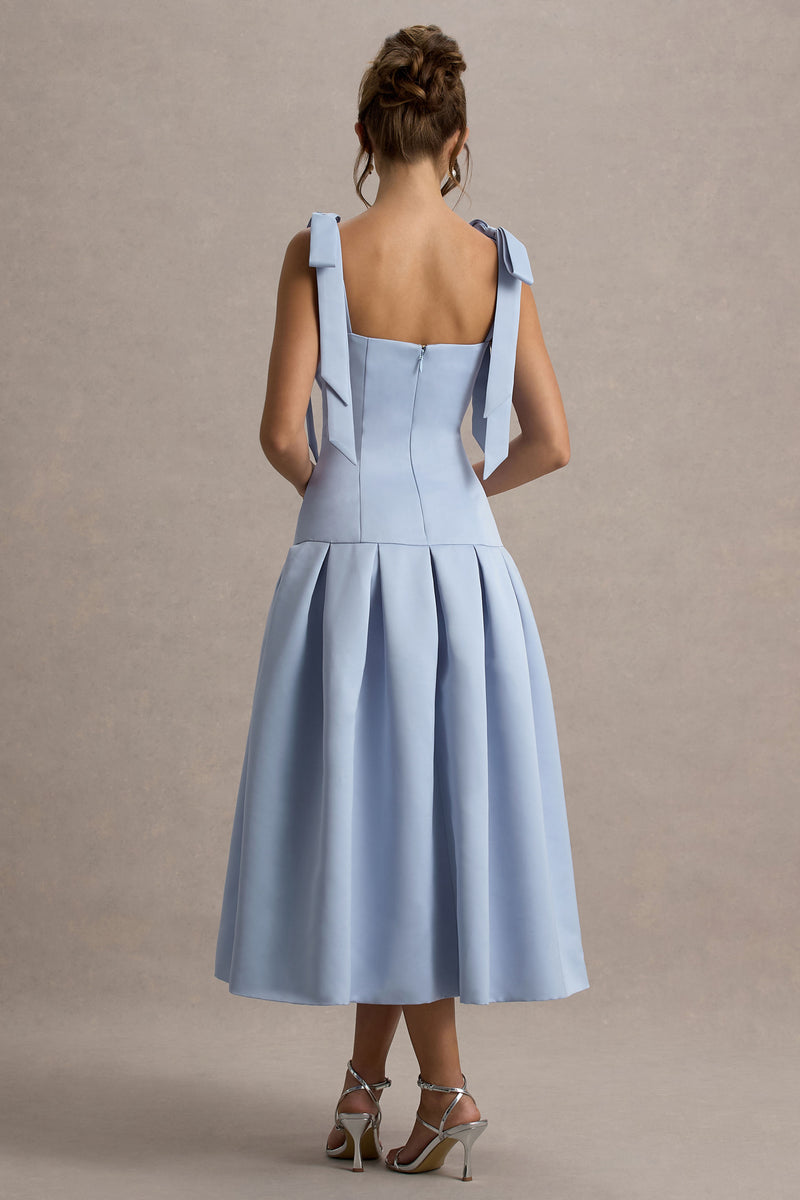Alberta Powder Blue Satin Square-Neck Midi Dress With Bow Straps – Club ...